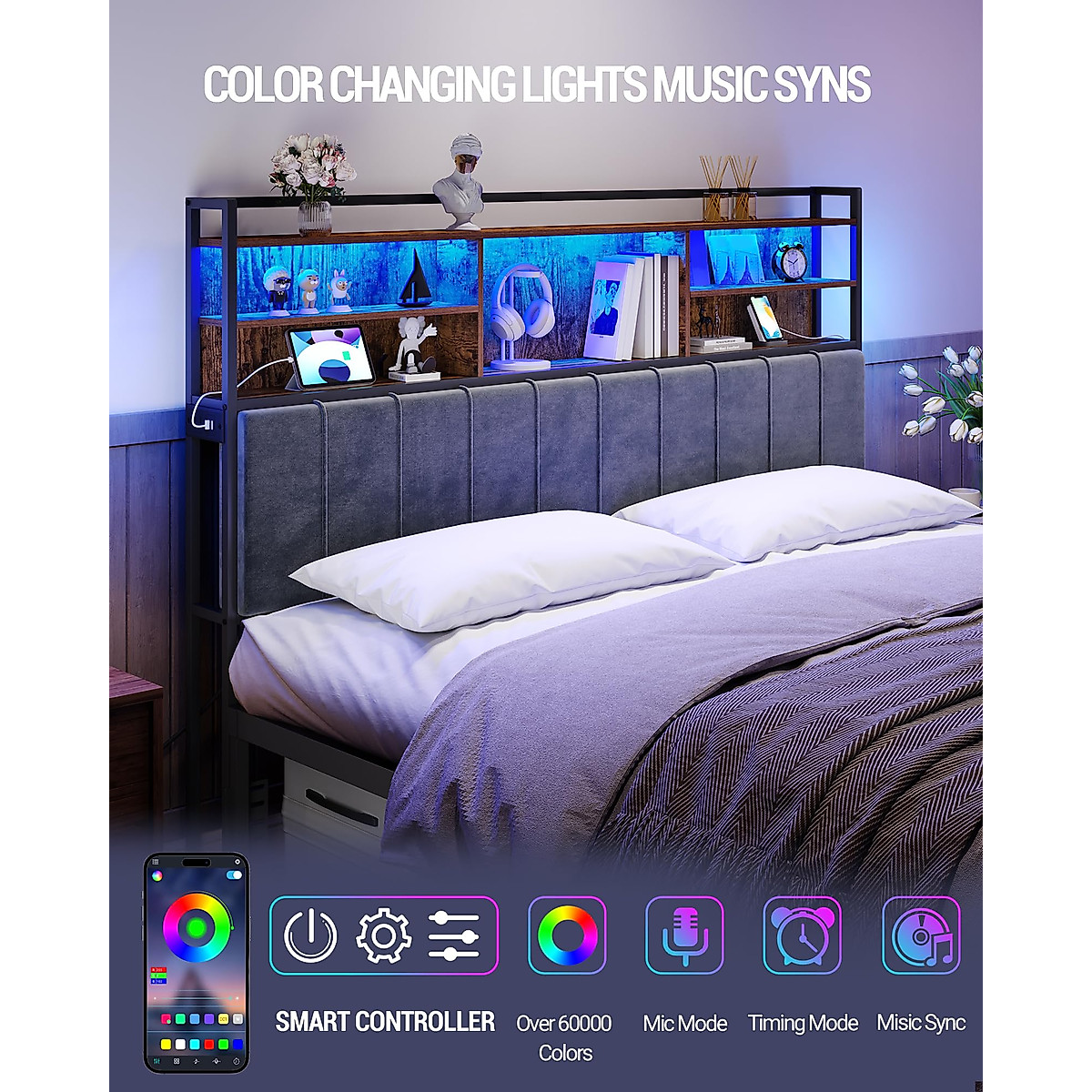 Hzuaneri Headboard with 3-Tier Storage Shelves, Upholstered Head Board with 2 Outlets, USB Ports & LED Light, Soft Backrest for King Size Bed Rustic Brown and Black BH19401B