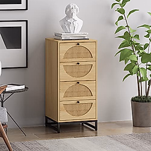 Natural Rattan Storage Drawer Chest,Storage Cabinet Suitable for Living Room and Bedroom, Bedroom Dresser with 4 Drawers for Small Space, Storage Tower Organizer Unit for Hallway/ Entryway/ Closets