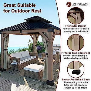 MONDAWE Cedar Wood 10x12Ft Hardtop Gazebo with Curtains, Rectangular Outdoor Permanent Gazebo Pergola with Galvanized Steel Double Roof Pavilion for Patio Lawn Garden