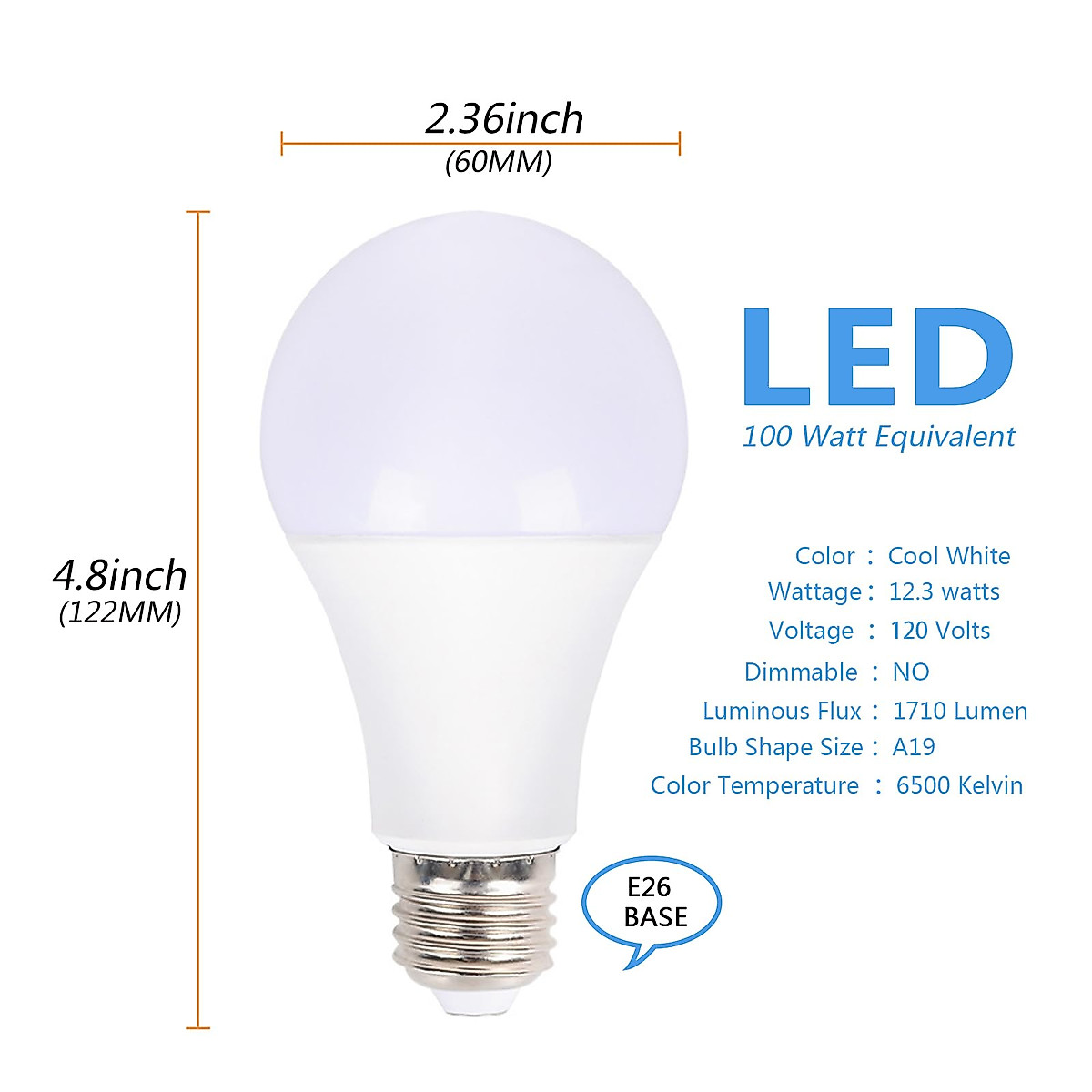 XINNUOFEI A19 LED Light Bulbs 6500K Cool White 12.3Watt Standard E26 Medium Screw Base 1710 Lumens 100 Watt Equivalent LED Bulbs Non-Dimmable No Flicker Pack of 6 Cool White