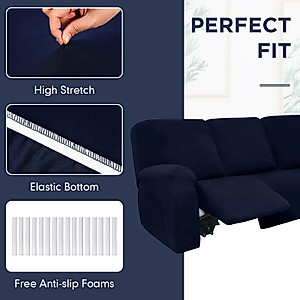 Peryiter 7 Pcs L Shape Sectional Recliner Sofa Covers 5 Seat Sectional Couch Covers Milk Silk Velvet Stretch Reclining Sofa Slipcover Furniture Protector for Living Room(Navy Blue,Milk Silk)