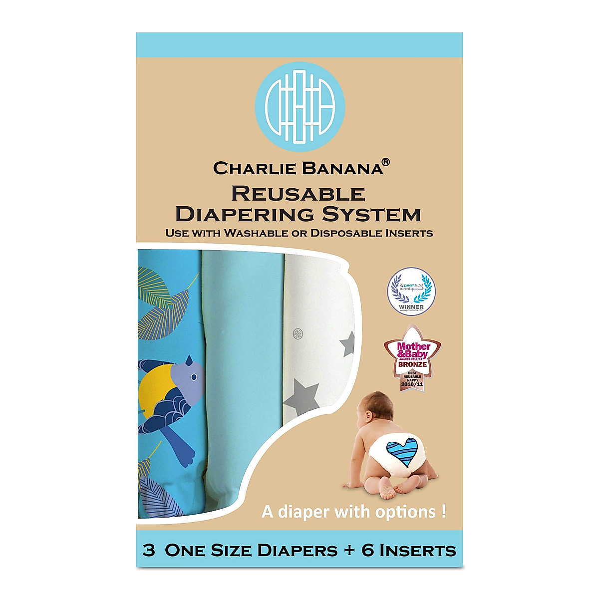 Charlie Banana Baby Washable and Reusable Cloth Diapers, 3 Soft Pocket Diapers and 6 Absorbent Inserts, One-Size, Little Twitter II