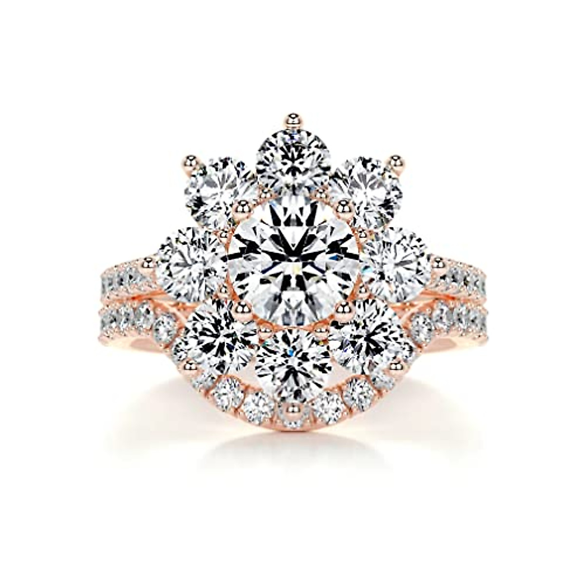 Solid Gold Handmade Engagement Ring 3 CT Round Cut Moissanite Diamond Halo Bridal Wedding Ring Set for Anniversary Propose Gift (10K Solid Rose Gold)