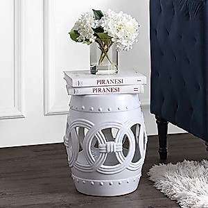 JONATHAN Y TBL1022A Lucky Coins 16" Chinese Ceramic Drum Garden Stool, Bohemian, Coastal, Cottage, French Country, Traditional, Transitional, Spill-Proof, Living Room, Garden Room, Patio, White