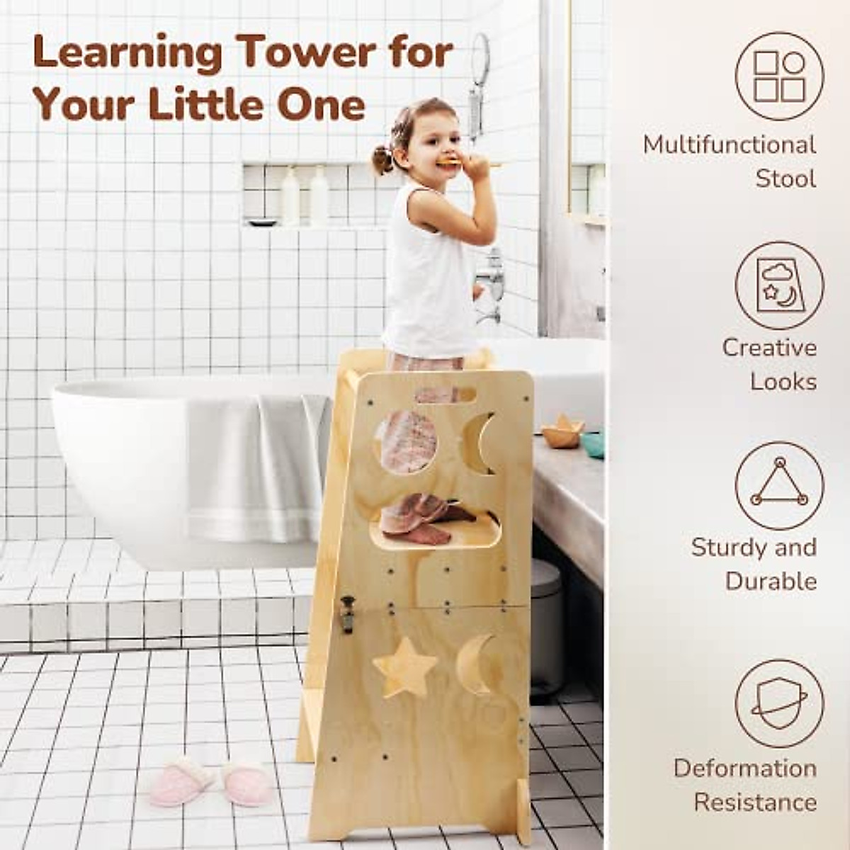 4 in 1 Convertible Learning Tower for Toddlers, MONBLAM Foldable Kitchen Step Helper Stool with Adjustable Height & Safety Rail for 1.5-5Y Kids Kitchen Bathroom Counter