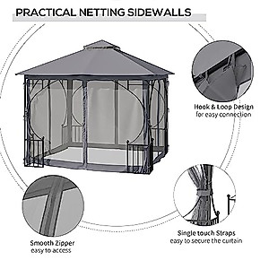 Outsunny 10' x 10' Patio Gazebo, Double Roof Outdoor Gazebo Canopy Shelter with Netting, Steel Corner Frame for Garden, Lawn, Backyard and Deck, Dark Gray