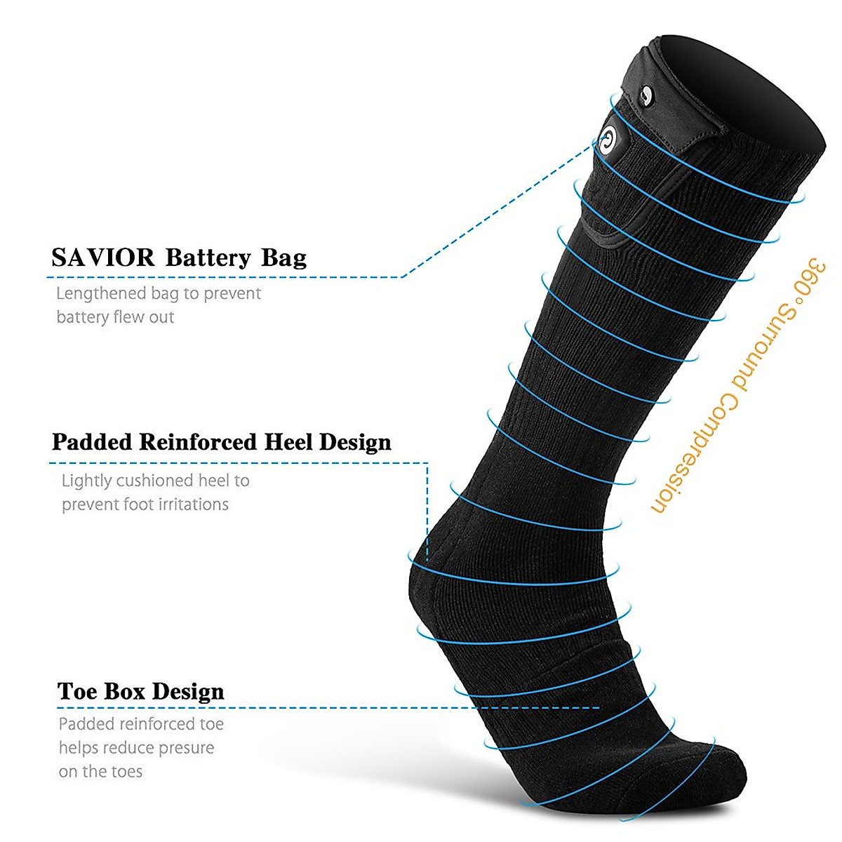 Heated Socks for Men Women, SAVIOR HEAT Electric Rechargeable Battery Thick Long Ski Socks for Winter Cold Weather Hunting Hiking Camping Skating Motorcycle Cycling Fishing
