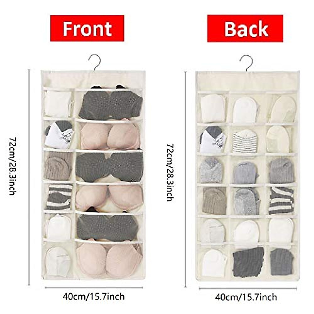 Closet Hanging Organizer with Mesh Pockets & Rotating Metal Hanger,Dual Sided Wall Shelf Wardrobe Storage Bags,Oxford Cloth Space Saver Bag for Bra Underwear Underpants Socks(white,30 Pocket)