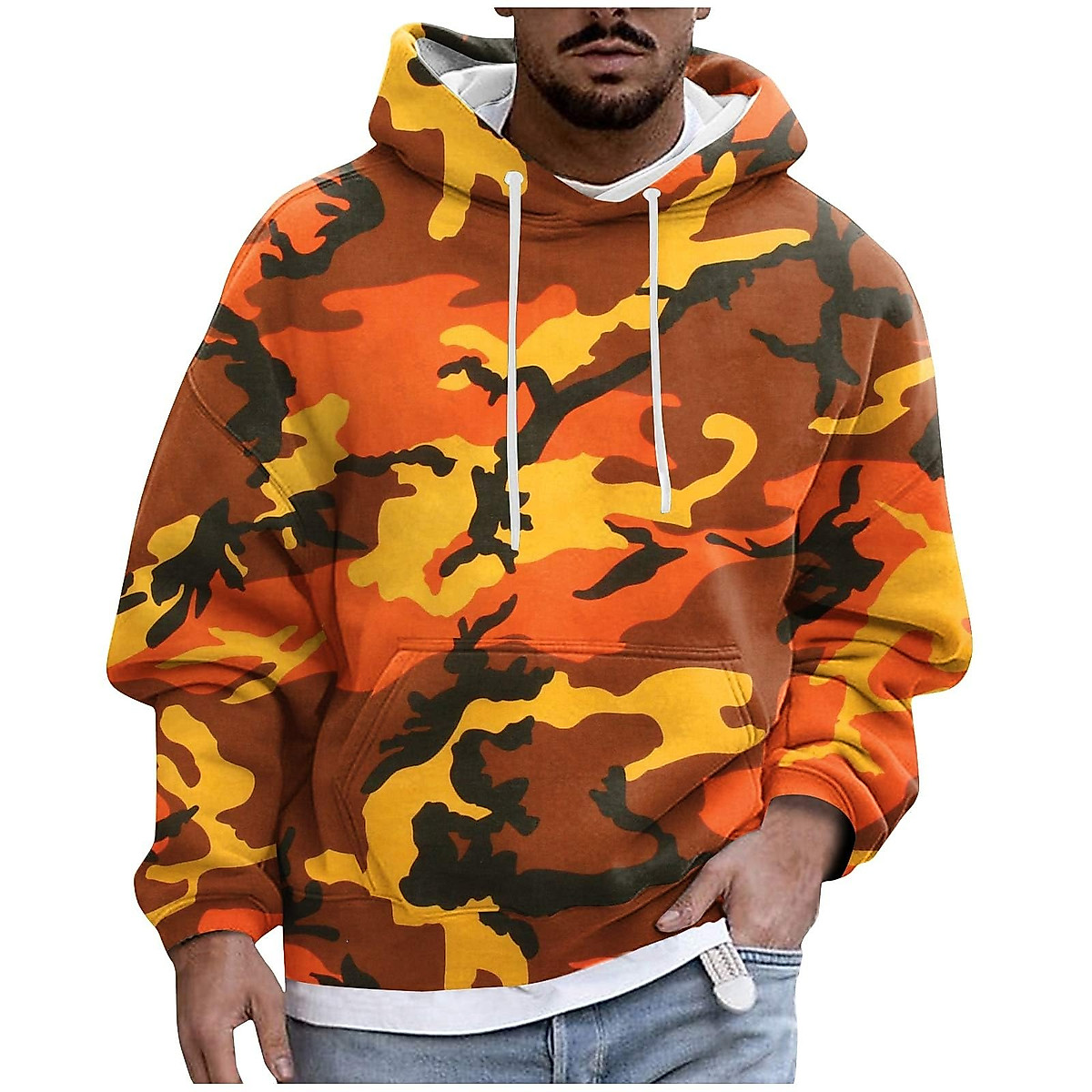 HAVUITYY Graphic Hoodies,Hoodies For Men Workout Hoodies For Men Fashion Fall Fleece Tie Dye Printed Long Sleeve Pullover Plus Size Loose Fit Casual Round Neck Sweatshirt Tops 2023 Orange 2XL