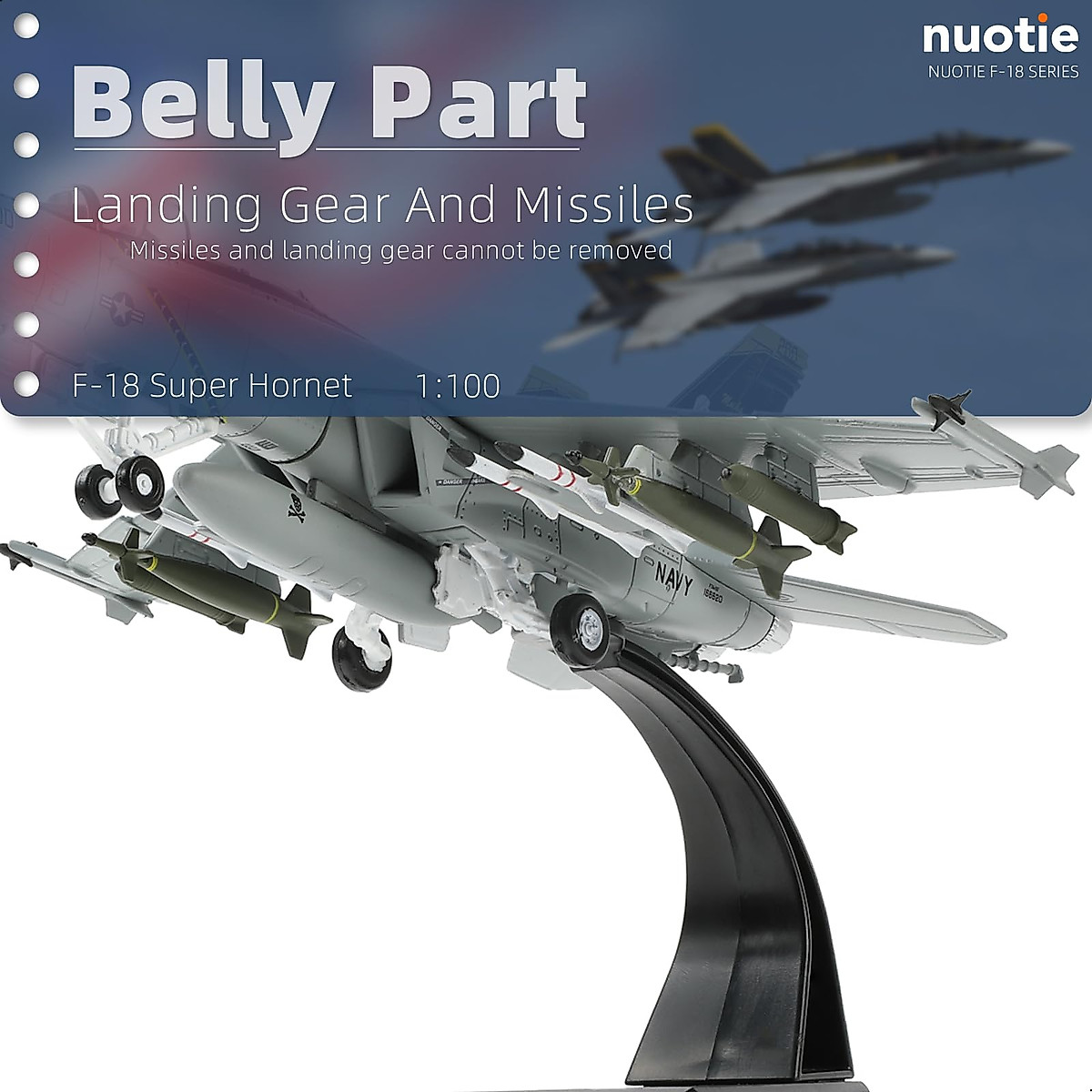NUOTIE 1/100 F/A-18 Super Hornet Diecast Metal Fighter Jet Model Kits Pre-Build Replica 1943-2018 Jolly Roger Livery Military for Display Collection or Gift