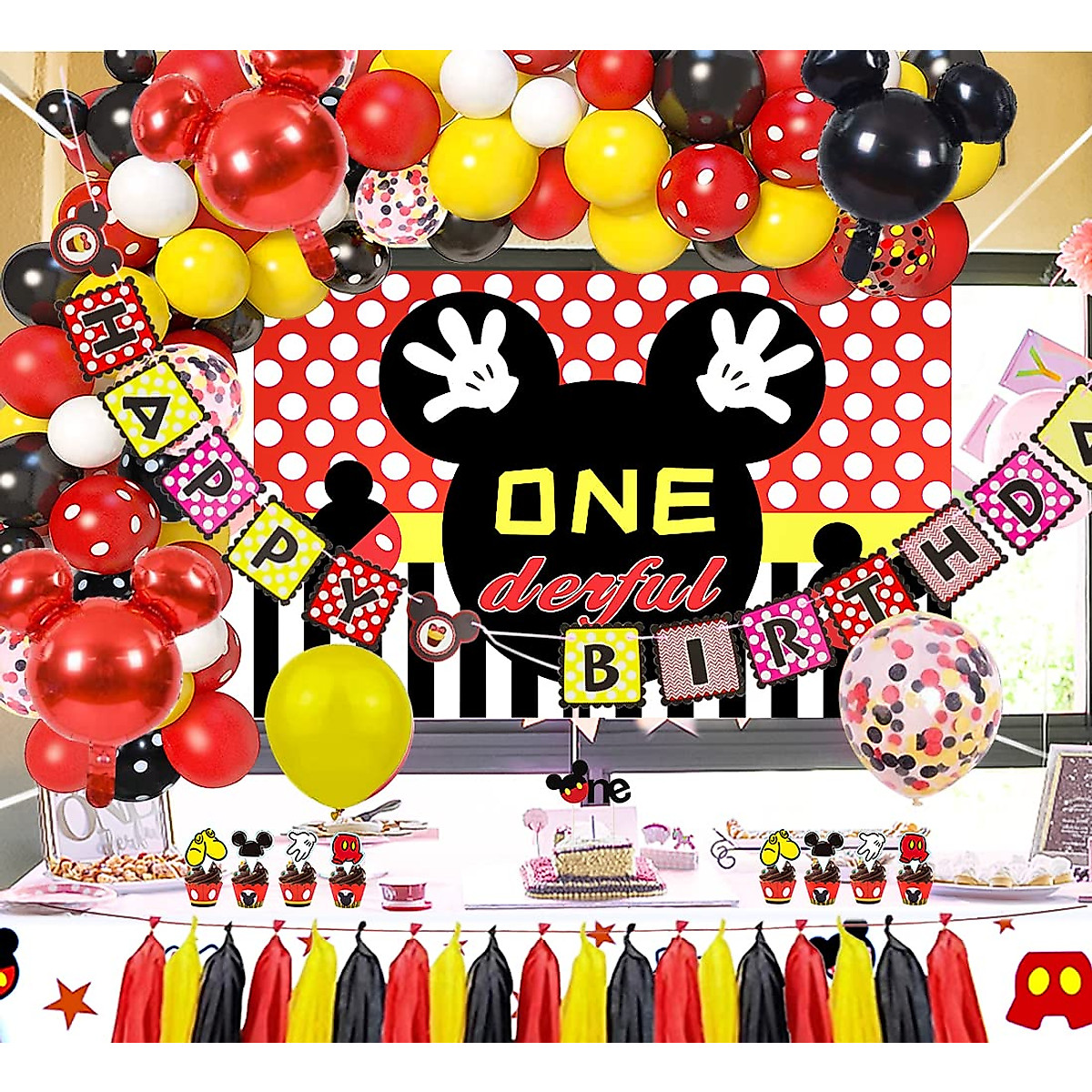 PYCALOW Mickey 1st Birthday Party Supplies - Mickey Theme Mouse Party Decorations Include Backdrop, Balloon Garland Arch, Welcome Sign Door Hanger, Banner, Crown, Balloon Box, Cake Toppers