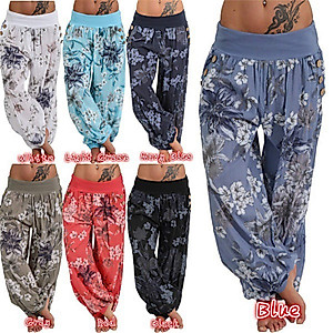 Andongnywell Women Print Wide Harem Pants Hippie Boho Loose Pocket Button Harem Pants High Waist Baggy Beach Pants (Blue,Small)