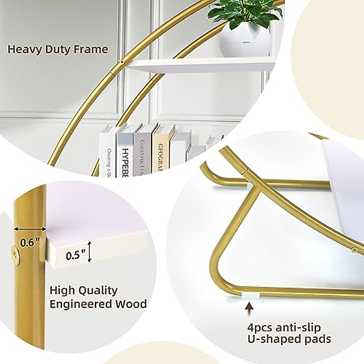 KNIGHTCRAFT White and Gold Bookshelf Circular Office Bookshelves 57" Tall Arched Book Shelves Open Etagere Bookcase Large Round Book Shelf for Living Room Modern Home Furniture