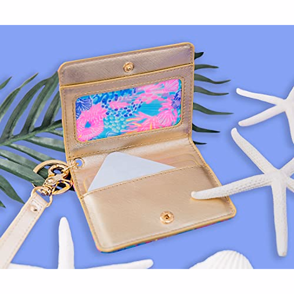 Lilly Pulitzer Snap ID Card Case, Cute Keychain Wallet, Slim Credit Card Holder with Wristlet Strap, Splendor in the Sand S