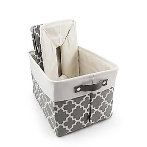 HYGGE + Linen Storage Bin Basket 15.8" x 12.5" x 10" Durable fabric & lightweight design. Great for storing toys, books, linens, games, clothing, baby products & more! (WHITE/QTF GREY, 2 PACK)