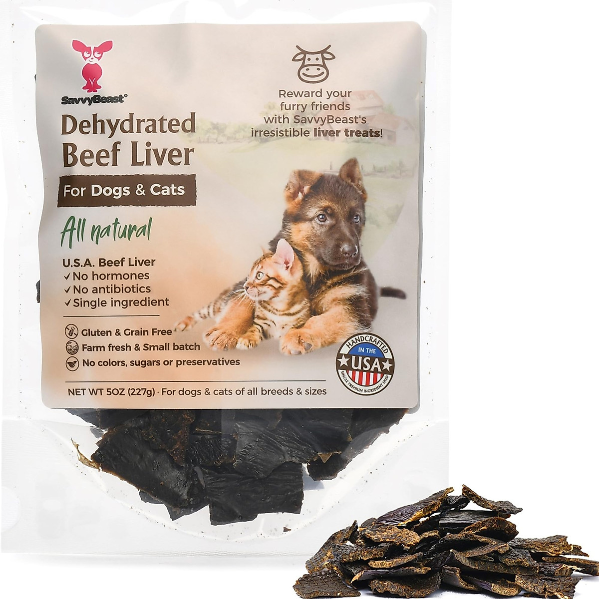 SavvyBeast Dehydrated Beef Liver Dog Treats - 5oz All-Natural, Grain-Free, Single Ingredient for Training - Healthy Pure Gently Air Dried Raw Organ Meat Dry Jerky for Dogs, Cats - Made in USA Only