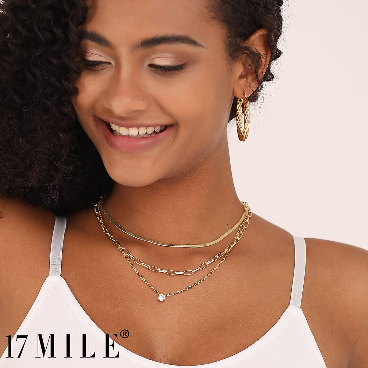 17 MILE Gold Layered Choker Necklace for Women, 14K Real Gold Plated CZ Pendant Necklace, Dainty Flat Snake Chain Layering Necklace