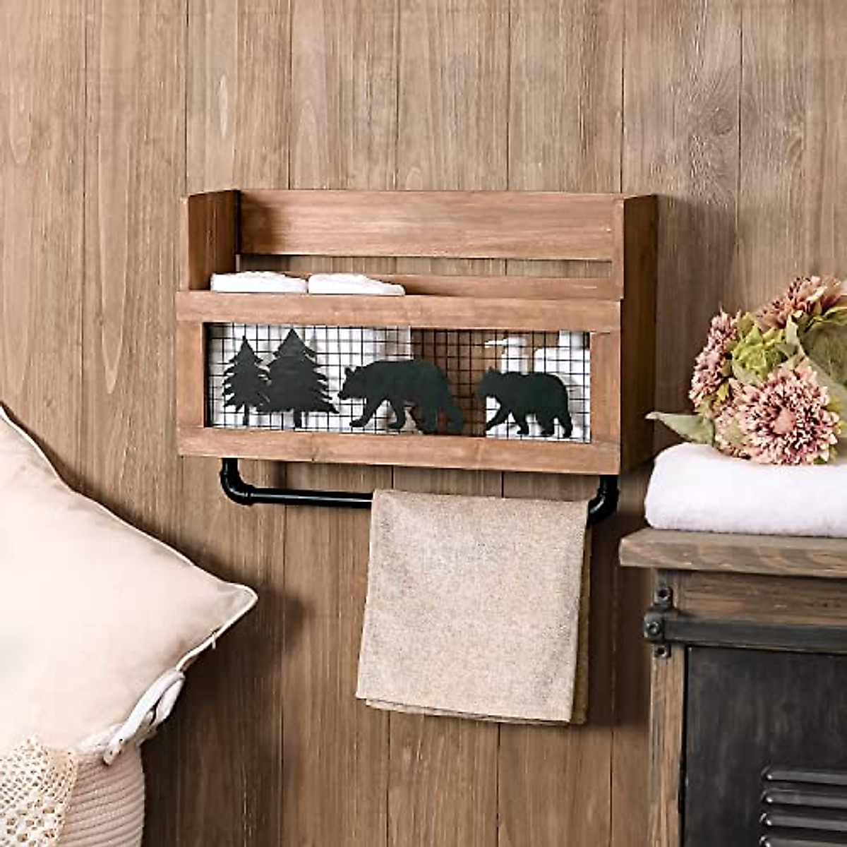 Synovana Cabin Style Hanging Towel Rack with Bar Farmhouse Wooden Floating Shelf Bear Wall Decor Rustic Wall Mounted Storage Towel Rack for Bathroom Kitchen Living Room Home Decor