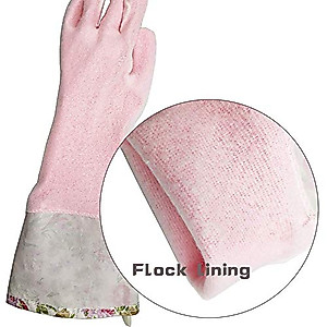 KINGFINGER Rubber Latex Waterproof Dishwashing Gloves,2 Pair Medium Long Cuff Flock Lining Household Cleaning Gloves