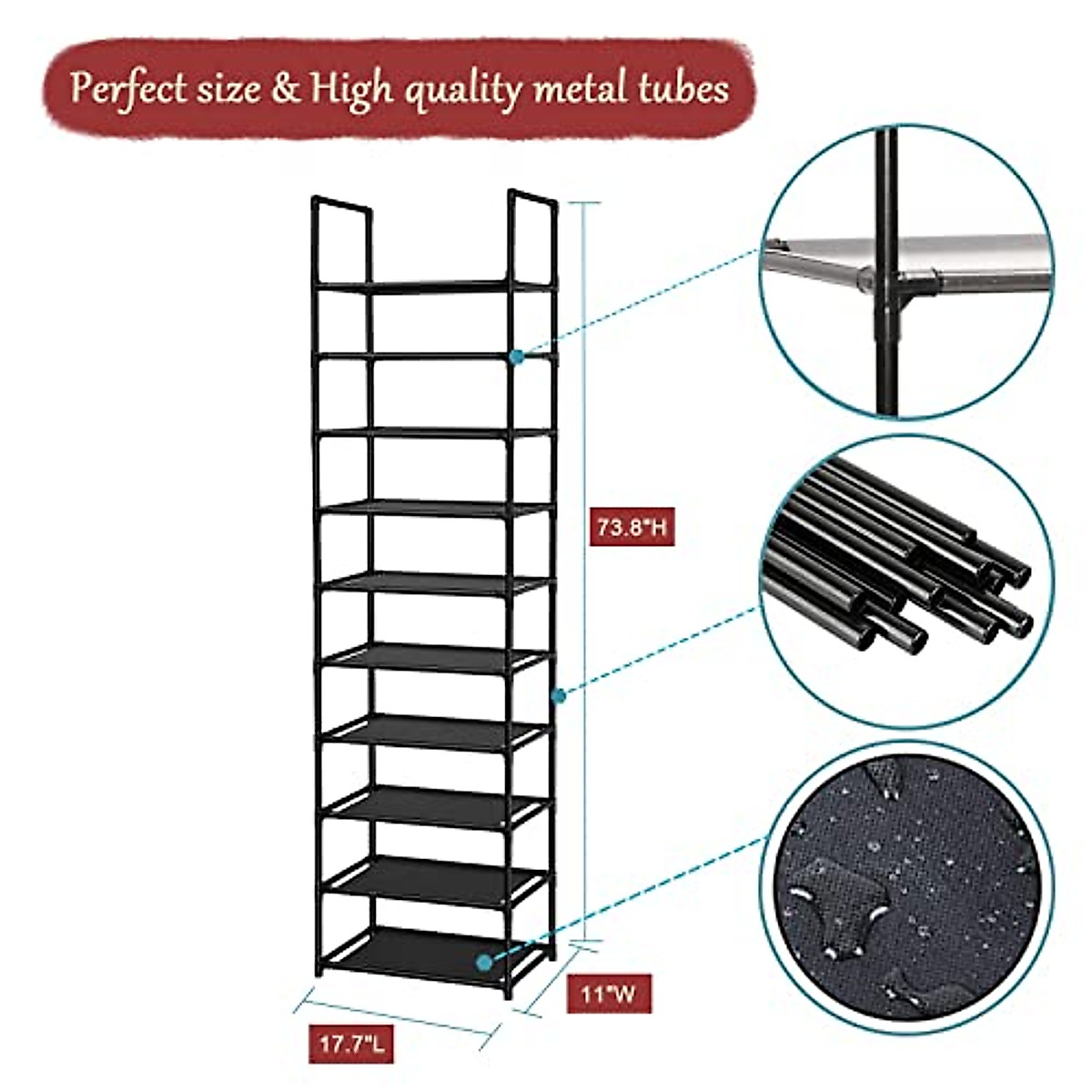Elechotfly Shoe Rack, 20 Pairs Shoe Storage Organizer, 10 Tiers Tall Shoe Stand, Easy Assembly Stackable Sturdy Shoe Tower, Metal Shoe Shelf for Entryway, Closet, Garage, Bedroom, Cloakroom