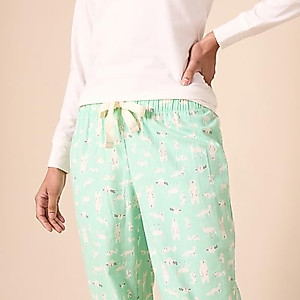 Amazon Essentials Women's Lightweight Flannel Pant and Long-Sleeve T-Shirt Sleep Set, Mint Green Forest Animals, Medium