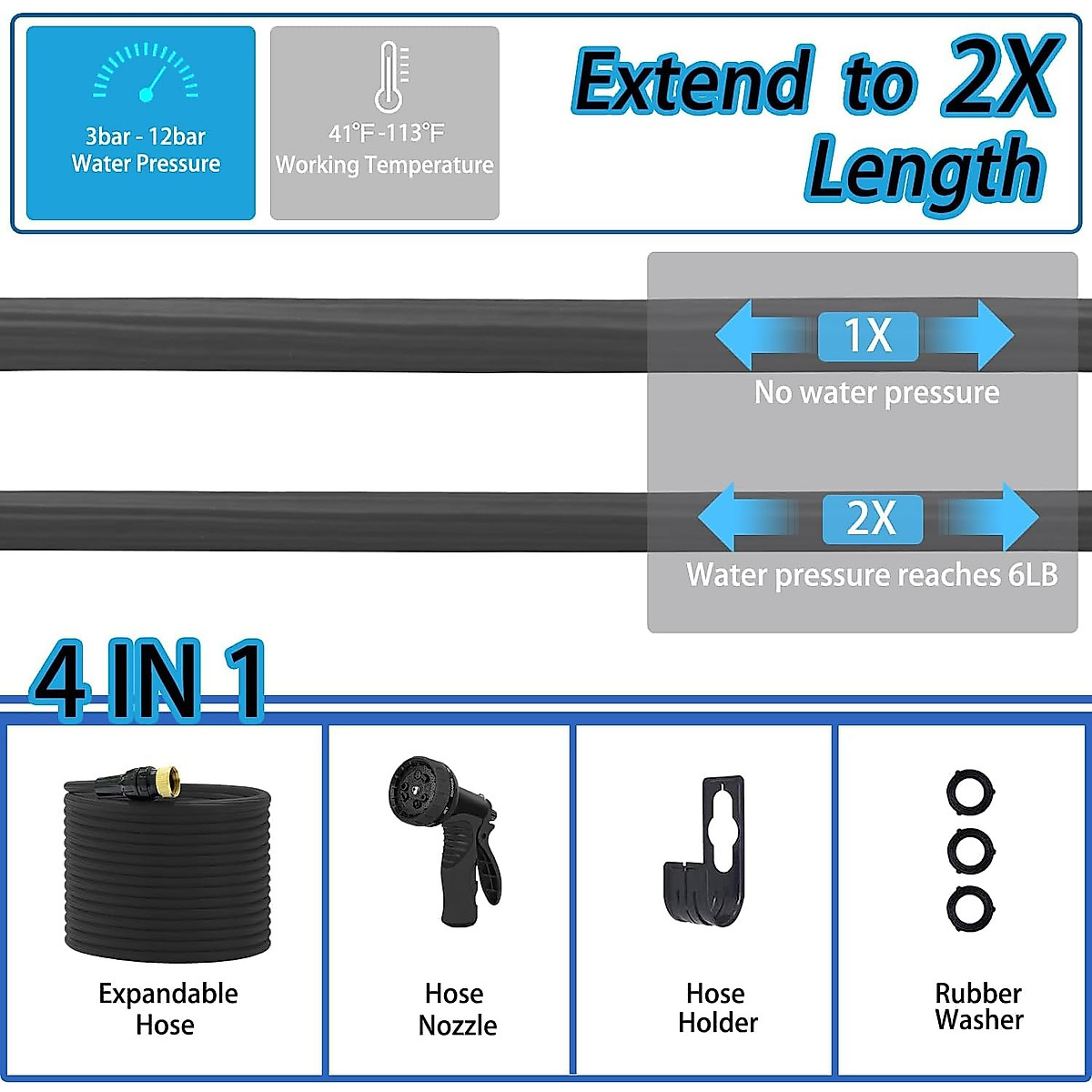 Garden Hose 100ft, Expandable Garden Hose Leak-Proof with 3 Layer Latex Core,Extra Strong Brass Connectors and 10 Spray Nozzle With Storage Bag,Lightweight,No-Kink Flexible Water Hose (Black)