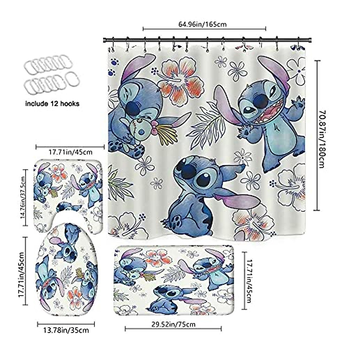 Dufdauio Anime 4 Piece Shower Curtain Set with Non-Slip Rug, Durable Toilet lid Cover, U-Shaped Cushion, and 12 Hooks Waterproof Shower Curtain Set for Bathroom