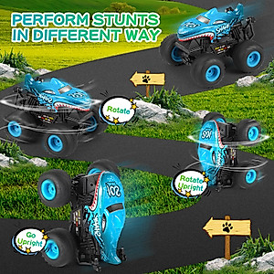 DYODYORC Remote Control Car, 2.4Ghz All Terrain Shark Monster Truck Toys, RC Truck with Music, 3 Lighting Effects, 360 Stunt Capable, All Included Ready to Run, Toy Gifts for Boys and Girls (Blue)
