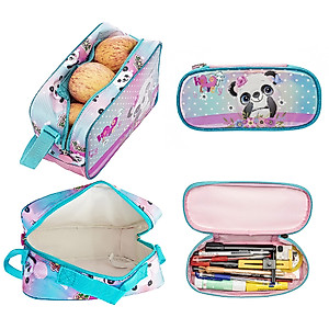 Meetbelify Rolling Backpack for Girls 5 in 1 Panda Elementary Student School Backpacks with Wheels Trip Luggage 17 inch kids Laptop Bag with Lunch Box for Teen Girls