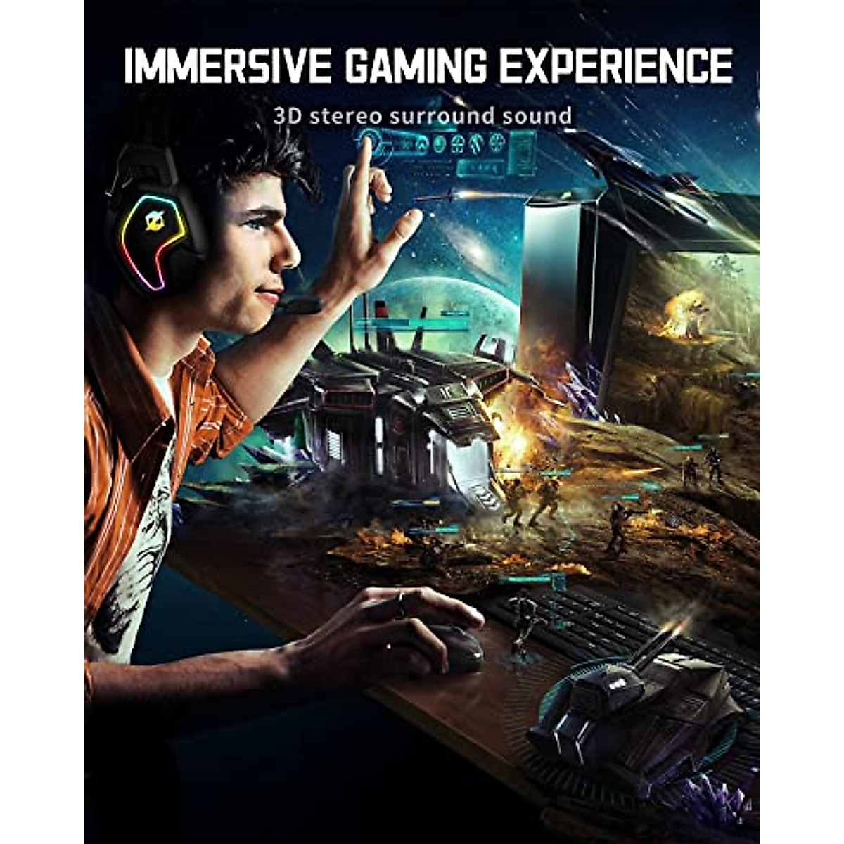 Gaming Headset for Xbox One PS4 PS5 PC Switch, Noise Canceling Headphones with Microphone, 3.5mm Audio Jack, Auto-Adjust Headband, 50mm Drivers, RGB Light, Lightweight Wired Gaming Headphones-Black