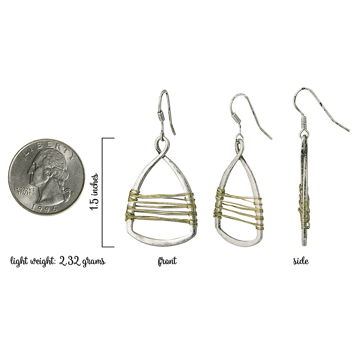 SPUNKYsoul Silver with Gold Wire Copper Toned Handmade Wire Wrap Teardrop Earrings