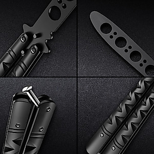 Butterfly Knife - Balisong Trainer - Black Practice Butterfly Trainer with Sure Spring Latch - Balisong Knives NOT Real NOT Sharp Blade - Full Stainless Steel Fake Dull Trick CSGO Fidget Toy K19 B