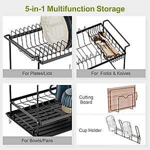 GSlife Dish Drying Rack 2-Tier Small Dish Rack with Drainboard Set, Utensils Holder, Glass Holder and Cutting Board Holder Metal Dish Draine for Kitchen Counter, Black