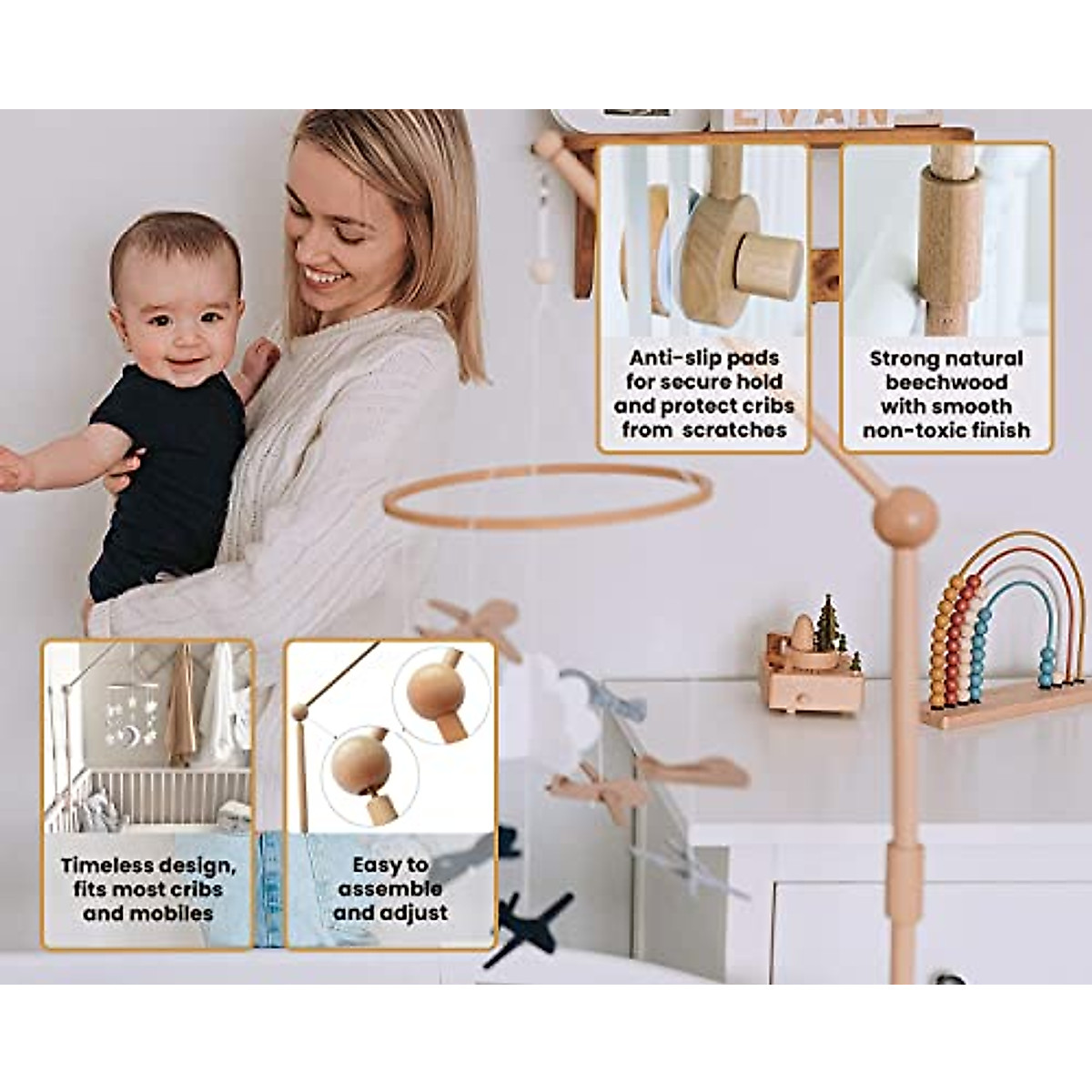 Sorrel + Fern Wooden Baby Crib Mobile Arm - Baby Mobile Holder Arm (31 inch, 100% Natural Beech Wood) - Strong Anti Slip Attachment - Nursery Decor