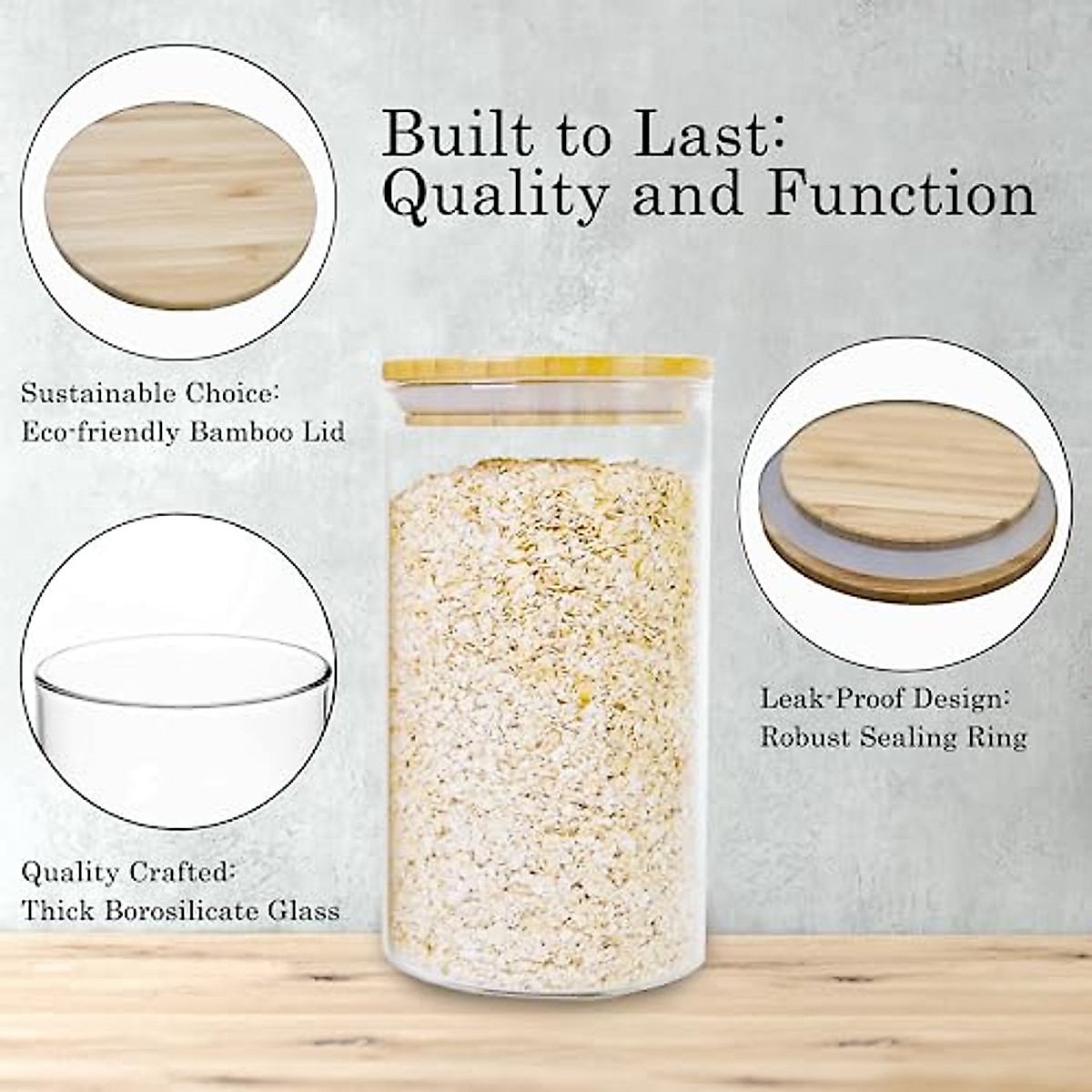 EQEY Glass Storage Jars Set Elegant Containers with Airtight Bamboo Lids, Perfect for Kitchen Organization - Flour, Rice, Pasta, Sugar, Coffee Beans, Accessories Included (2 packs(111oz))