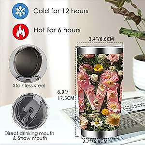 FOCIUZTA 20oz Pink, White & Yellow Floral MOM Lettering Tumbler with lid, Travel Coffee Cup, Ideal for Easter, Mother Day, and birthday gifts