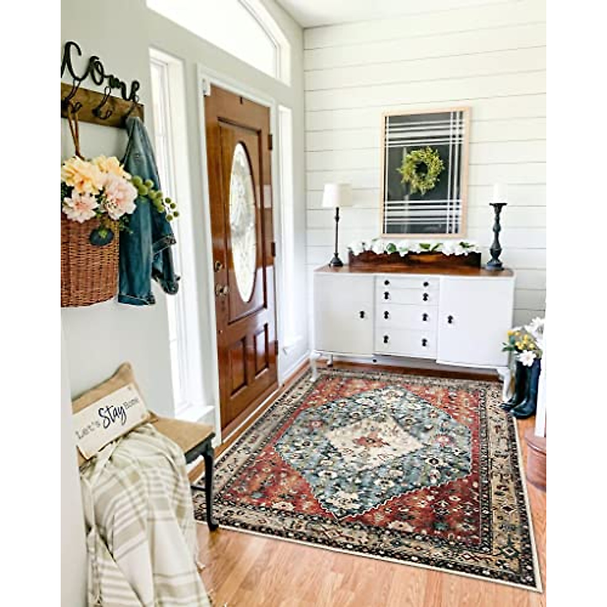 AIZHU Collection Boho Area Rug - 3’ x 5’, Non Slip Thin Entryway Rug Doormat Washable Distressed Accent Indoor Throw Low Pile Rug Front Floor Carpet for Entrance Living Room kitchen Bedrooms, Bohemian