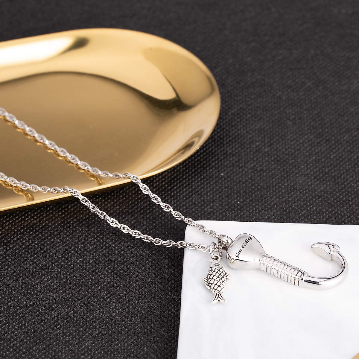 Gredstar Gone Fishing Urn Necklace for ashes Fish hook Cremation Urn Pendant Fishing in heaven Keepsake Jewelry (SILVER)