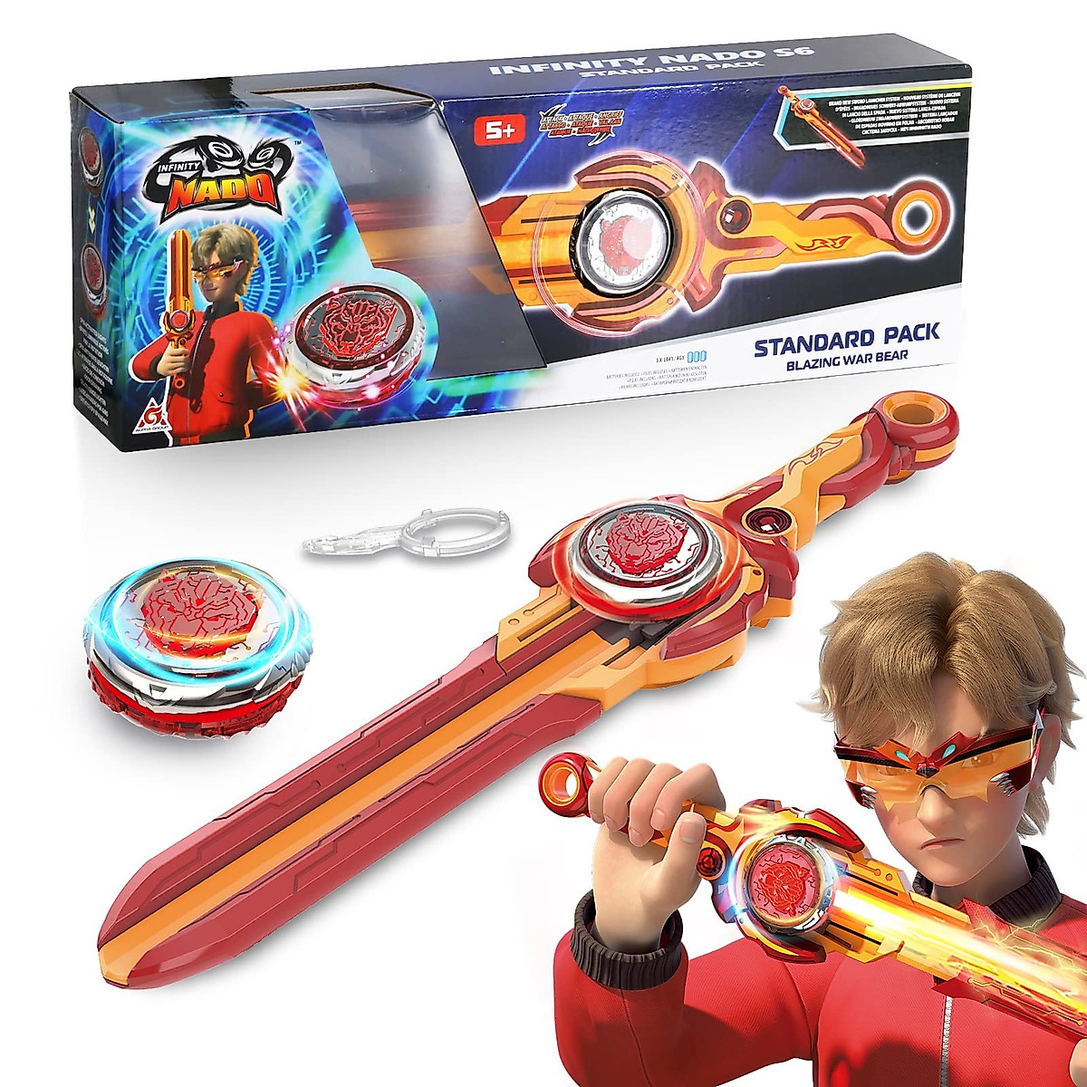 Bey Blade - Infinity Nado Bey Blade Stadium - Battling Tops Burst Toy for Boys Grils Age 8-12 - Including Gaming Top Toys, Sword Launcher - Blazing War Bear, Flame Red