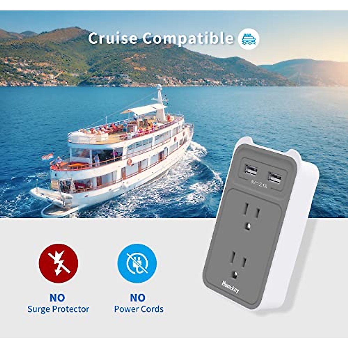Outlet Extender with Multi Plugs, Huntkey Multi USB Plug Outlet Splitter W. Phone Cradle & 2 USB A Plug Charging Port （No Surge Protector)