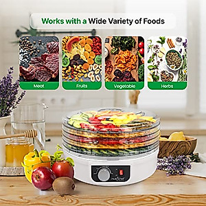 Food Dehydrator Machine - Dehydrate Beef Jerky, Meats, Mushrooms, Fruits & Vegetables - Great For At Home Use - Uses High-Heat Circulation for Even Dehydration - 5 Easy to Clean Stackable Trays.