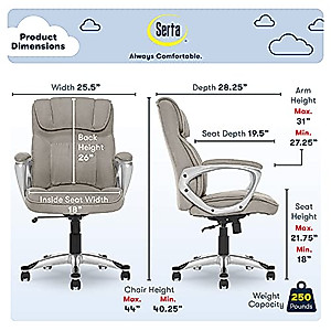Serta Executive Office Chair Ergonomic Computer Upholstered Layered Body Pillows, Contoured Lumbar Zone, Microfiber, Black Base, Fabric, Grey/Silver