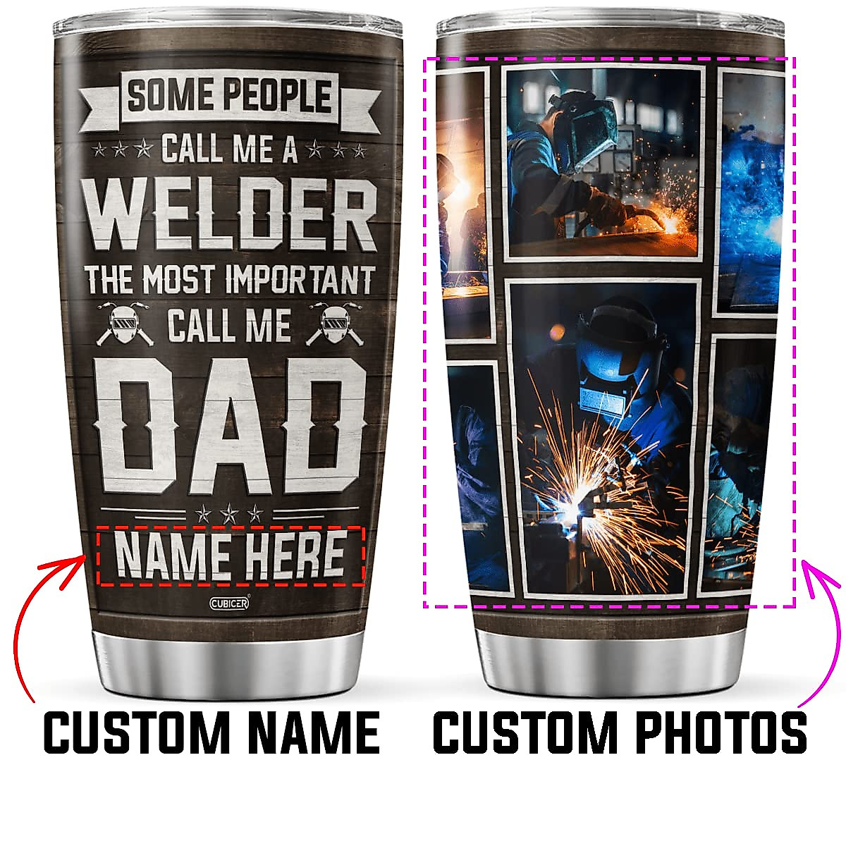 CUBICER Personalized Coffee Tumblers Custom Photos And Name Welder Dad Tea Mugs For Men Father Papa Grandpa Double Walled Stainless Steel Tumbler Insulated Drinking Cup With Lid