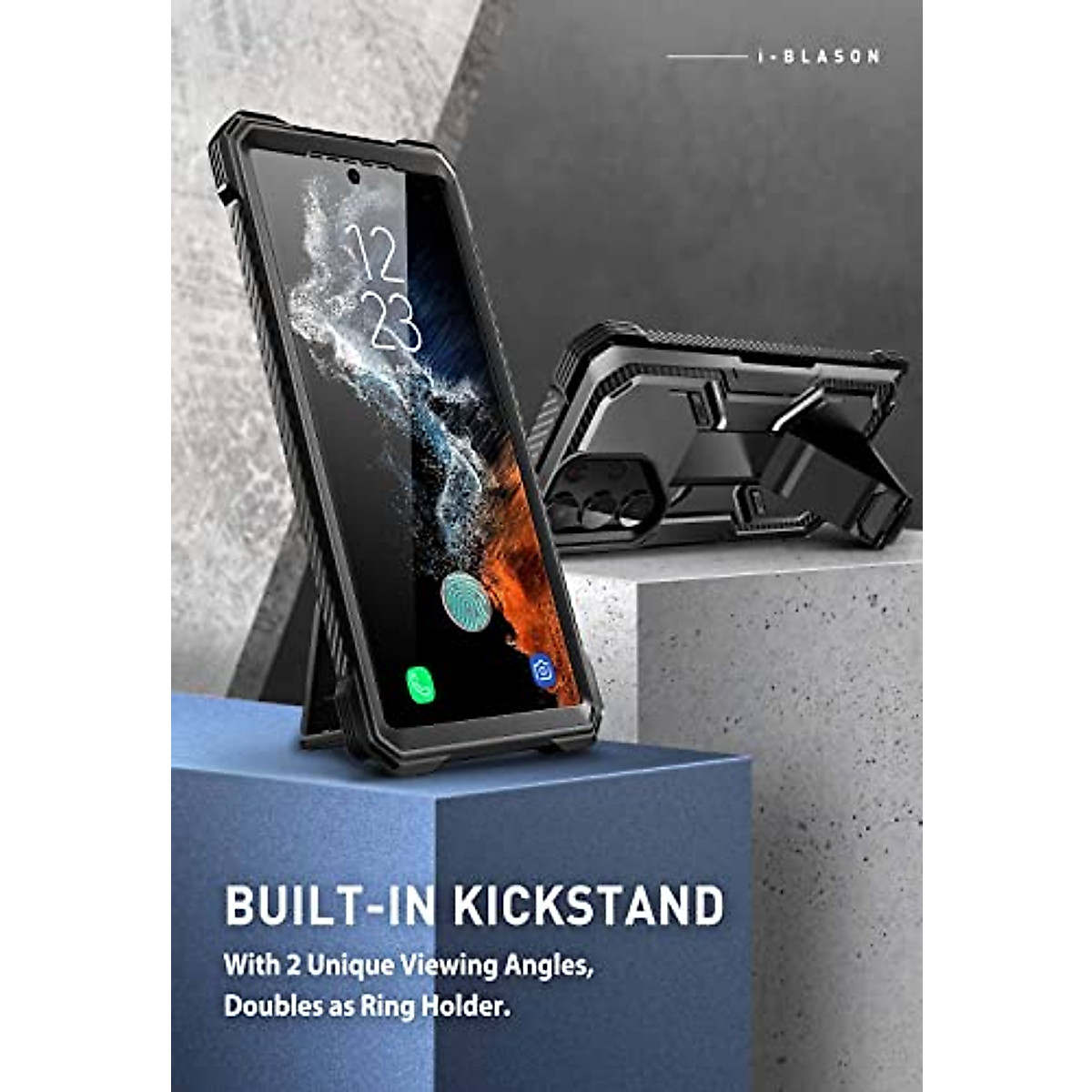 i-Blason Armorbox Designed for Samsung Galaxy S23 Ultra Case with Kickstand & Belt Clip, [2 Front Frames] Full-Body Rugged Bumper Case with Built-in Screen Protector [Support Fingerprint ID] (Black)