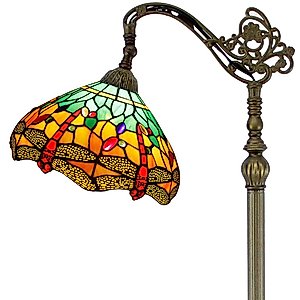 WERFACTORY Tiffany Floor Lamp Green Yellow Stained Glass Dragonfly Arch Lamp 12X18X64 Inch Gooseneck Adjustable Corner Standing Reading Light Decor Bedroom Living Room S009G Series