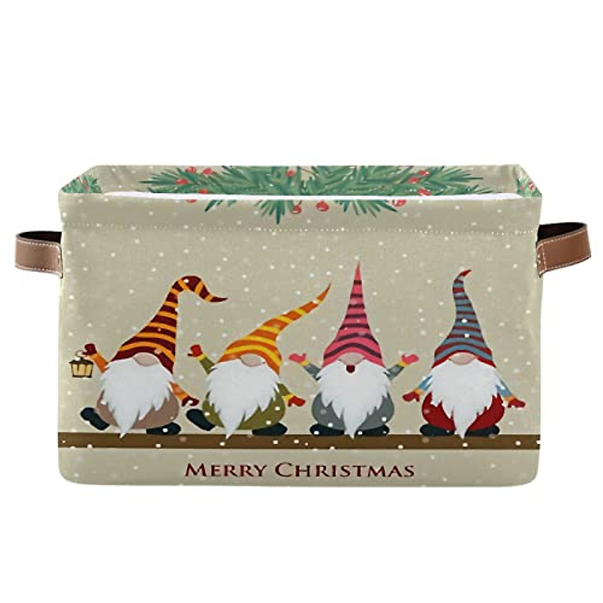 Gougeta Foldable Storage Basket with Handle, Christmas Card with Gnomes Rectangular Canvas Organizer Bins for Home Office Closet Clothes Toys 1 Pack