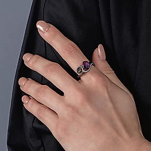 Jewelili Enchanted Disney Fine Jewelry Black Rhodium over Sterling Silver 8x6 MM Oval Shape Amethyst and 1/6 Cttw Natural White Round Diamond Ursula Ring, Size 7