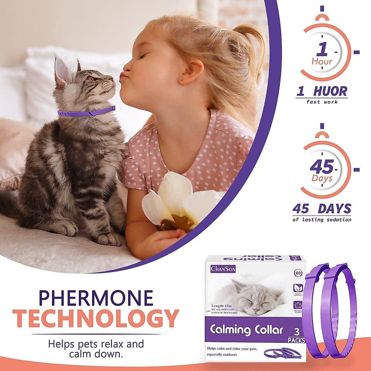 OCSOSO Calming Collar for Cats, Cat Calming Collar,Pheromone Collar Reduces Stress and Anxiety Calm Cats from Loud Noises, Separation, and Aggression Lasting 30days for Small and Medimu Cats 3Pack