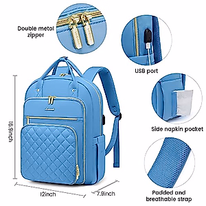 LOVEVOOK Laptop Backpack for Women, 15.6 Inch Computer Backpack for Teacher Nurse with Water Resistant, Lightweight Travel Work Backpack with USB Charging Port, Quilted Commuter Backpack, Angel Blue
