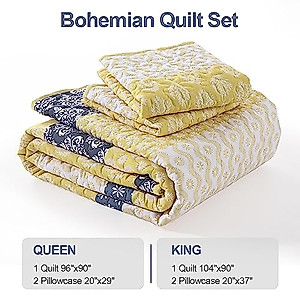 Boho Quilt Set Queen Size Yellow Bohemian Quilt Bedding Set Striped Lightweight Summer Bedspread Coverlet Bedding Set 96"x90" (3 Pieces)